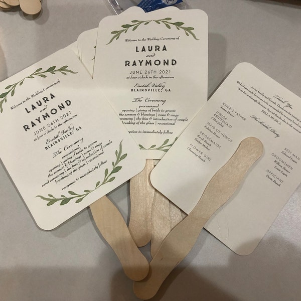 Greenery Wedding Program Fans Sticks Included - Printed Wedding Program ...