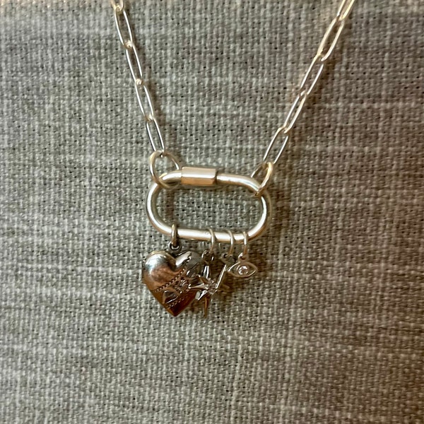 Sterling Silver Carabiner Charm Necklace 1.4mm Dainty Rolo Chain Charm ...