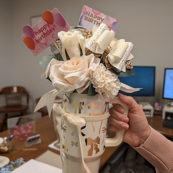 Cream Moon Stanley Tumbler Bow Topper Gold and Cream Straw Topper Bow ...