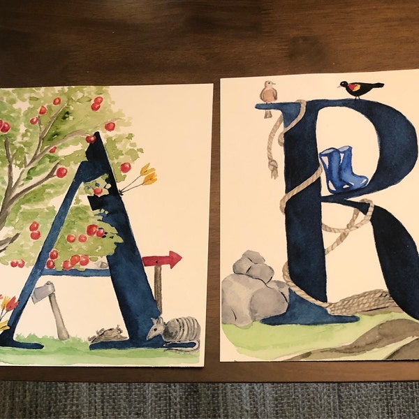 Letter R Adventure in the Woods Watercolor Print, Letter R Initial Art ...