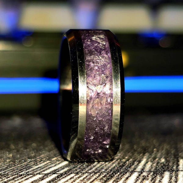 Dark Serenity Ring - Amethyst Crystal Inlay, Tungsten Titanium Ceramic ...