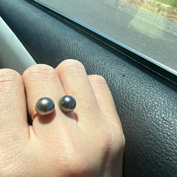 Double Tahitian Pearl Ring, Gold Hammered Band, Genuine Pearls ...