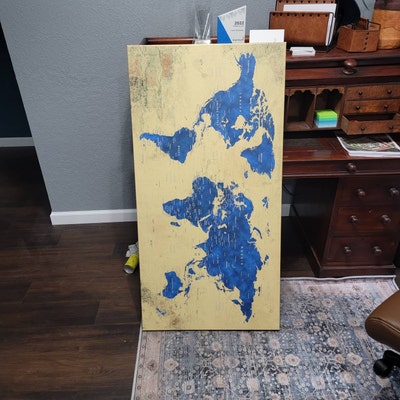 Hanging World Map Canvas, Rustic Frame Home Decor, Earth Colors World ...