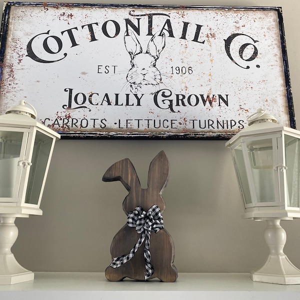 Large 14” Solid Wood Farmhouse Style Rustic Easter Bunny With Bow Plaid ...