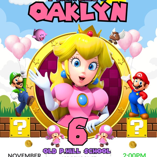 Super Mario Princess Birthday Invitation Card, Super Mario Bros, Mario ...