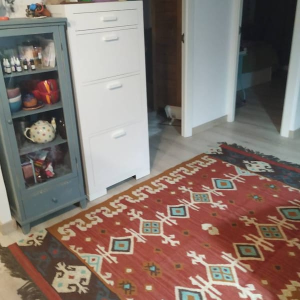 Wool and Jute Rug in Red Color, Handmade Kilim Dhurrie Rug, Traditional ...