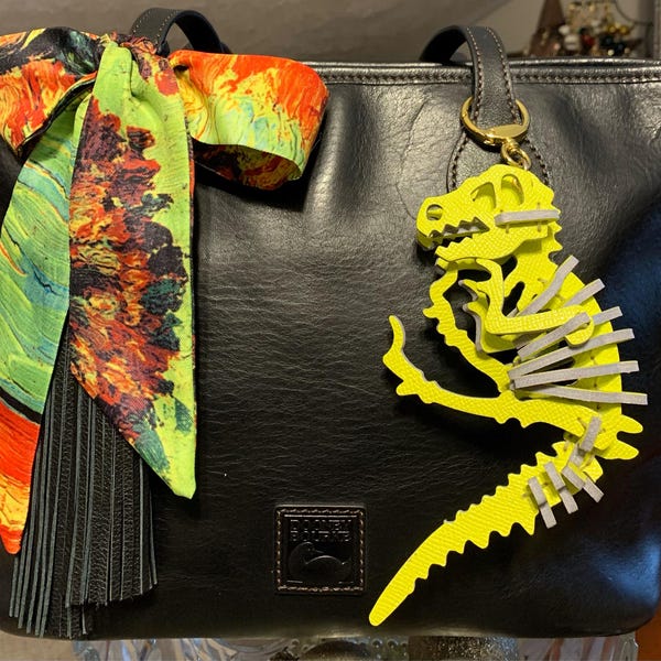 Handmade Genuine Leather T-rex Skeleton Keychain Dinosaur Bag Charm ...