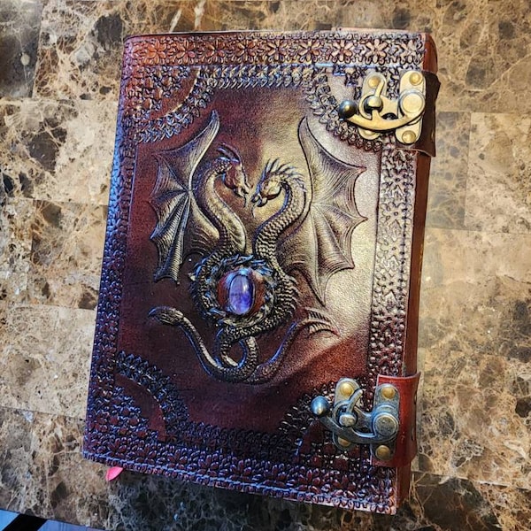 10x 7 Large Double Dragon Leather Journal 300 Pages 2x Brass C Clasp ...