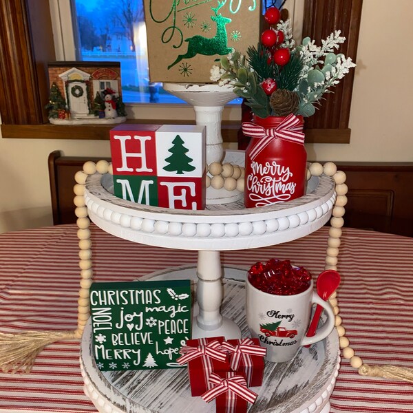 Christmas Tiered Tray Mini Floral Arrangement, Christmas Home Decor ...