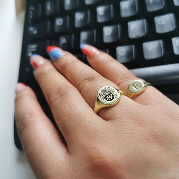 14k Gold Initial Signet Ring,custom Initial Ring,personalized Ring,birthday Gift,letter Ring ...