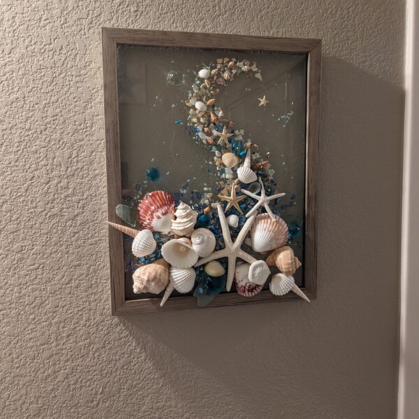 Wave Art on Wooden Stand for Beach Bathroom, Glass Art Display Frame ...