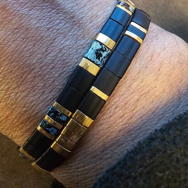 Stackable Beaded Bracelets | Glass Tile Bracelets | 24k Gold | Obsidian ...