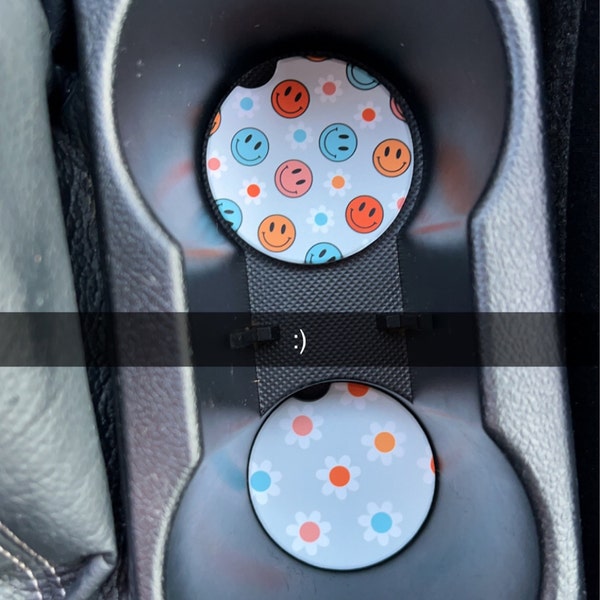 Boho Car Accessories, Smiley Face Car Coaster Set of 2, Retro Cup ...