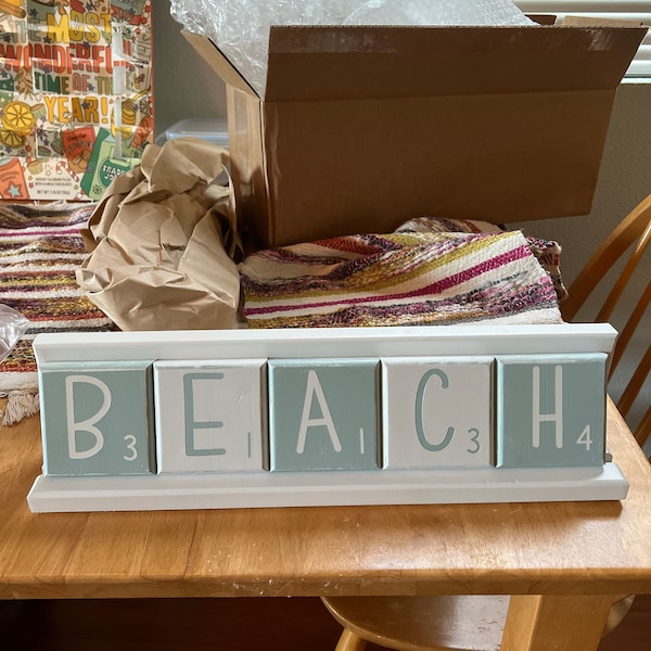 BEACH Sign | Large Scrabble Tiles With Wood Holder | Mother’s Day Gift ...