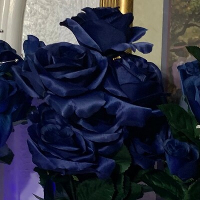 12 Open Dark Royal Blue Roses, Artificial Flowers, 4 Rose Head, Wedding ...