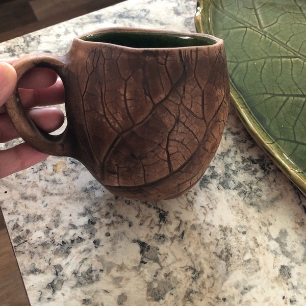 Ceramic Mug With Leaves Impressions || Pottery Mug Handmade, Leaf Mug ...