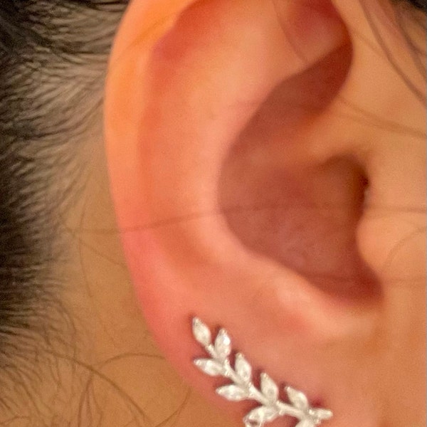 CZ Leaf Crawler Earrings With Dangle Chains in Sterling Silver, Silver ...