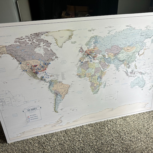 Muted Tones Push Pin Travel Map With Pins - 24x36" or 24x16" Travel Map ...