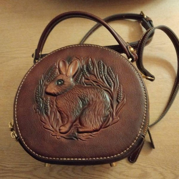 Bunny Embossed Tote, Rabbit Pattern Handbag, Retro Round Leather Women ...