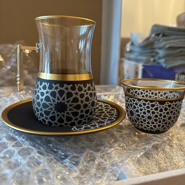 18 Pcs Turkish Tea Set - Shirin Gold (6 Tea Cups 6 Saucers 6 Metal Tea ...