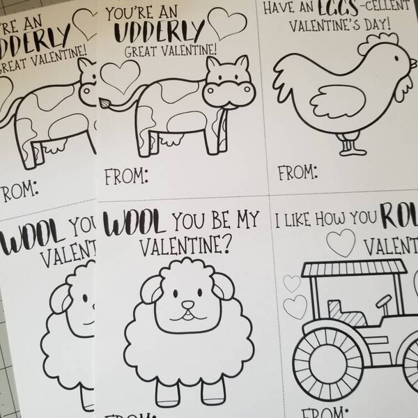 Valentine Coloring Cards, Farm Animals Printable Valentine's Day Cards ...