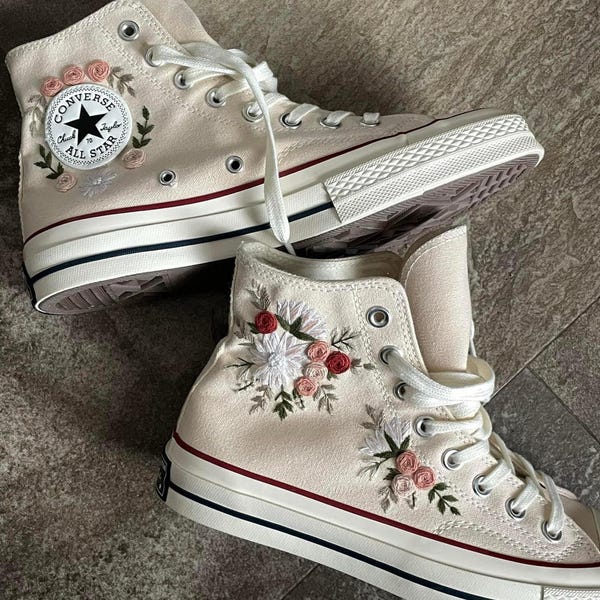 Embroidered Converse Wedding Flowers, Custom Converse High Tops ...