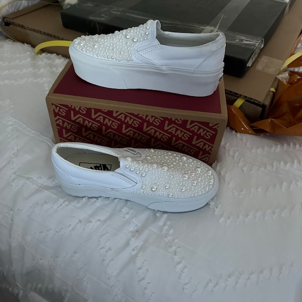 Pearl Embellished Vans - Custom Wedding Slip on Vans - Custom Wedding ...