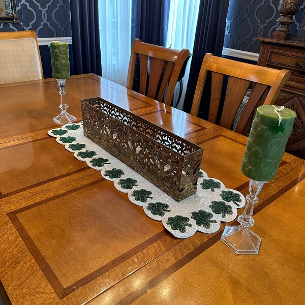 Handmade Table Runner, Clover Leaf / Shamrock Hand Beaded Runner, Green ...
