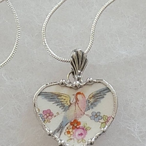 Broken China Jewelry, Bluebird With Rose Swag, Sweet and Petite Heart ...