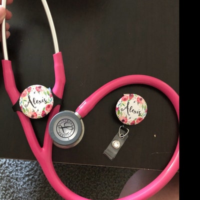 Pink & Black Floral Wreath Stethoscope ID Tag N Cardiology Stethoscope ...