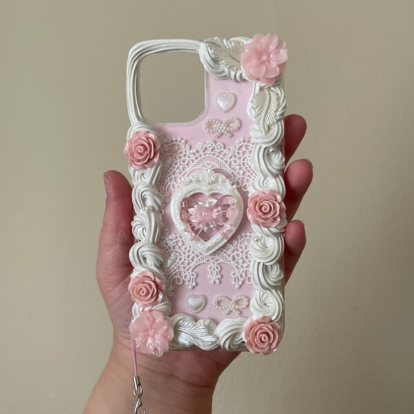 Baby Pink Heart Decoden Phone Case for All Brand, Light Pink Roses ...
