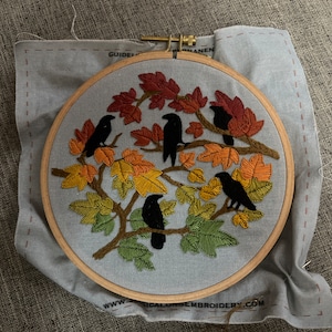 Autumn Birds Embroidery Hoop Kit, Crow Embroidery Pattern, Fall ...