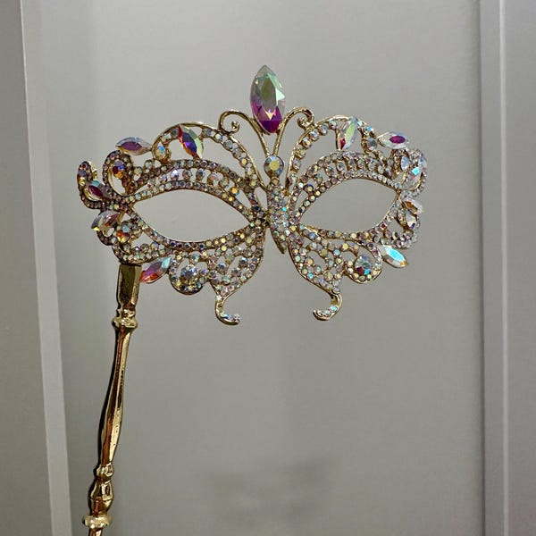 Crystal Masquerade Mask With Stick, Wedding Party Gold Stick Mask ...