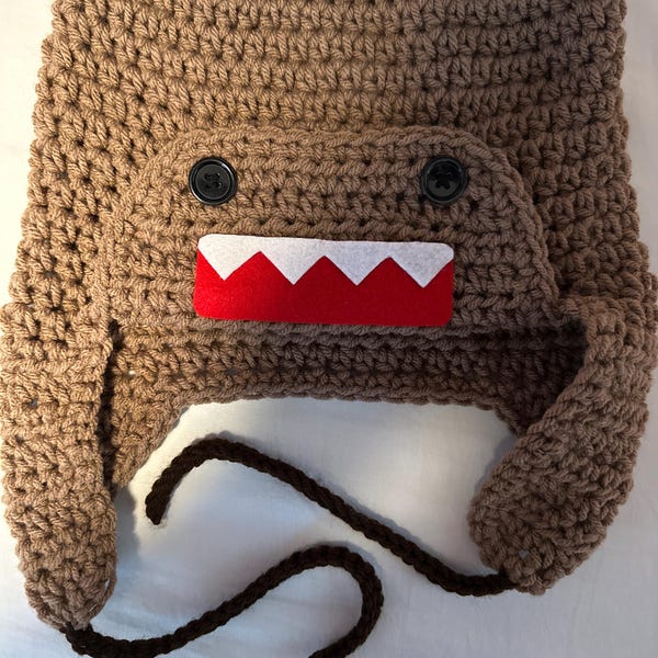Domo Inspired Crochet Ushanka Trapper Cat Ear Beanie Hat With Ear Flaps and Strings Kawaii Cute ...