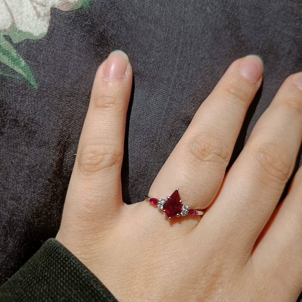 Kite Cut Red Ruby Engagement Ring Art Deco Rose Gold Moissanite Ring Marquise Cut Natural Ruby ...
