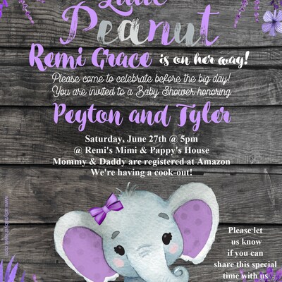 Purple Elephant Rustic Baby Shower, With Flowes Wooden Background. Gray ...
