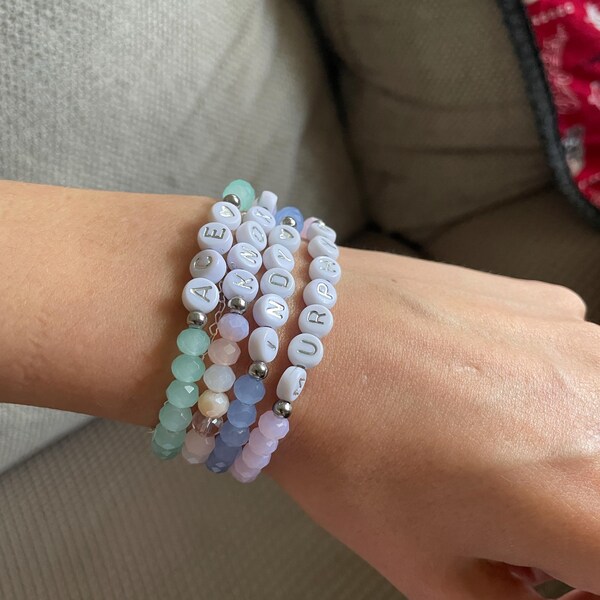 Personalized Colorful Name Bracelets - Custom Word Bracelet - Heishi Bead Name Bracelet Stack ...