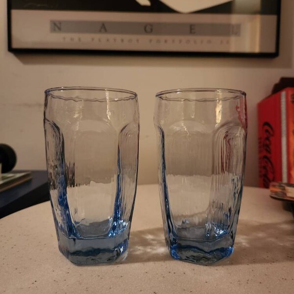 Vintage Blue Glasses PAIR, Choose Size, Textured Blue Drinking Glass ...