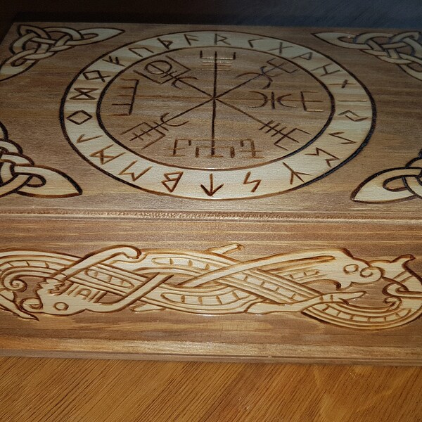 Wooden Box Engraved With Viking Motifs: Vegvisir, Interlacing, Dragons ...