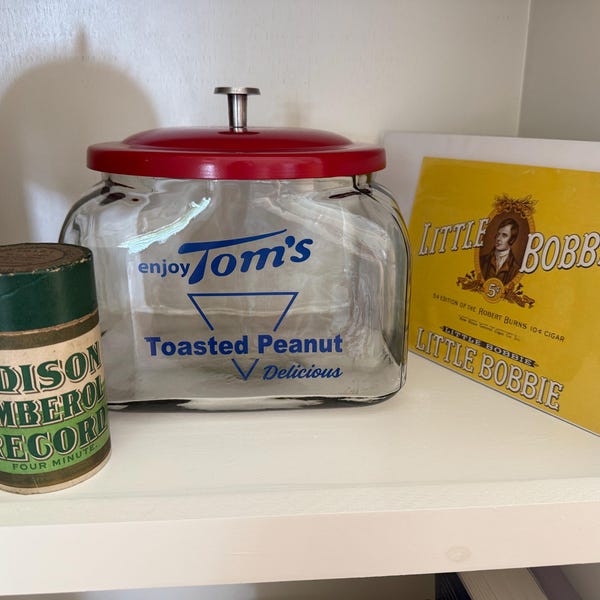Toms Peanut Counter Jar With Lid Blue Letters Country Store Display ...