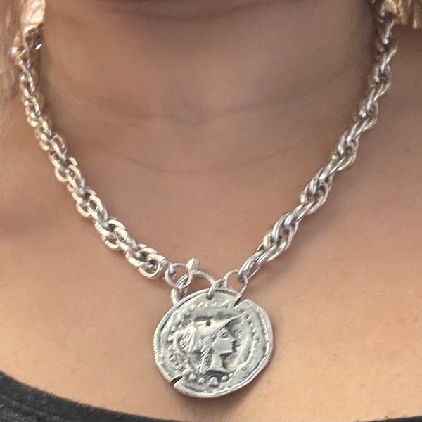 Athena Goddess Coin Pendant Silver T-clasp Locket Necklace, Grecian ...