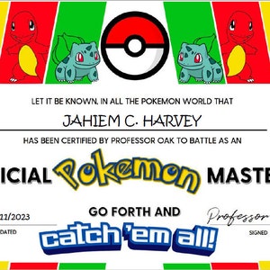 Pokemon Master Certificate Party Favour Party Game Pokemon Party - Etsy ...
