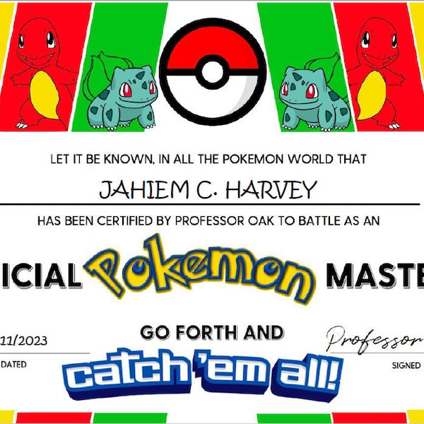 Pokemon Master Certificate Party Favour Party Game Pokemon Party - Etsy