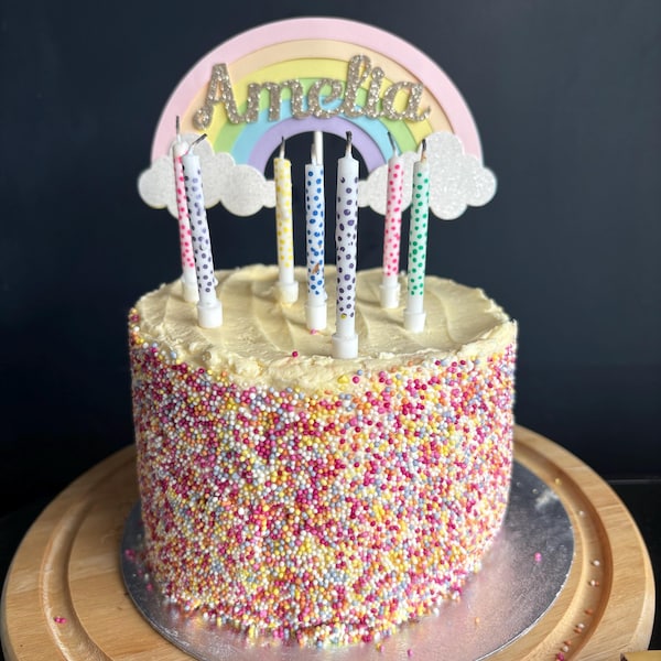 Personalised Small Pastel Rainbow Cake Topper, Custom Name, Birthday ...
