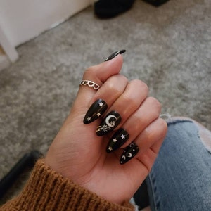 Moon Child Dark Black Star Moon Nails With Accent Hoop Nail Styled in ...