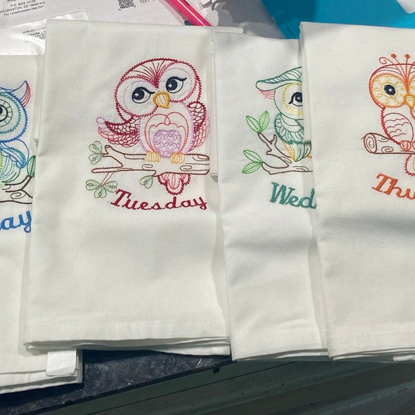 7 Whimsical Owl Days of the Week Farmhouse Embroidered Flour Sack ...