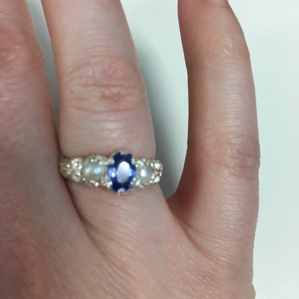 English Solid 925 Sterling Silver Natural Blue Sapphire & Freshwater ...