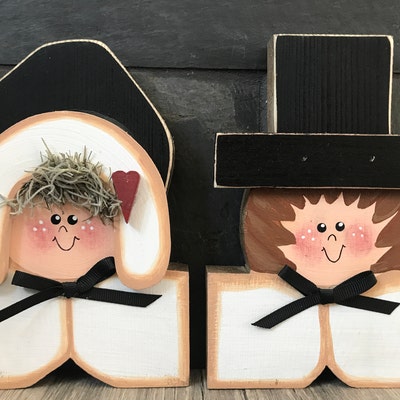 Thanksgiving Decor. Set of Two Cute Pilgrims, a Boy and a Girl. Shelf ...