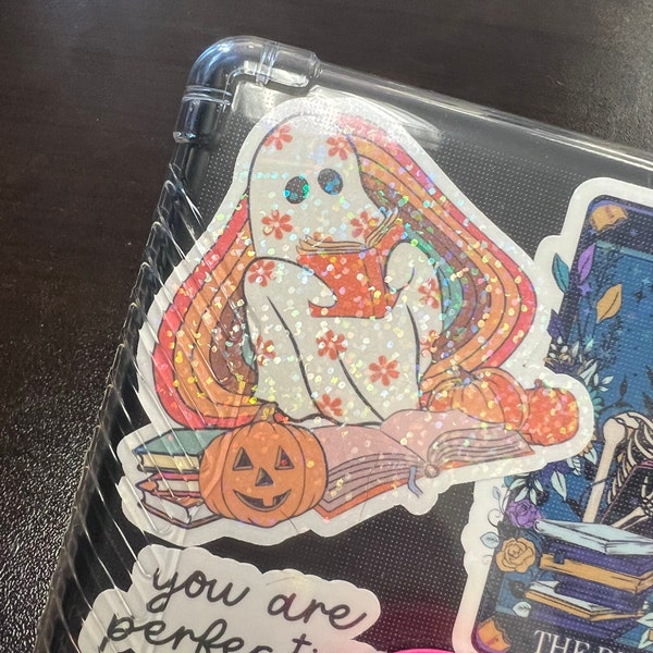 Ghost Reading Sticker | Retro Spooky Book Sticker | Holographic ...