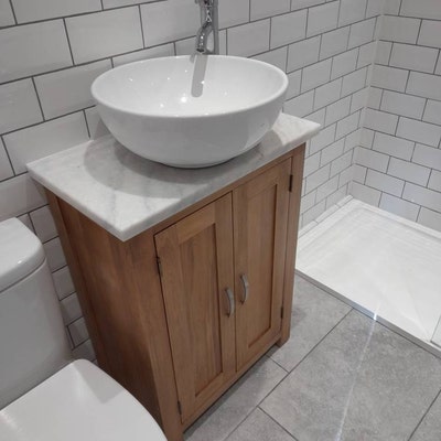 Bathroom Vanity Unit Solid Oak With White Marble Top & Ceramic Basin ...